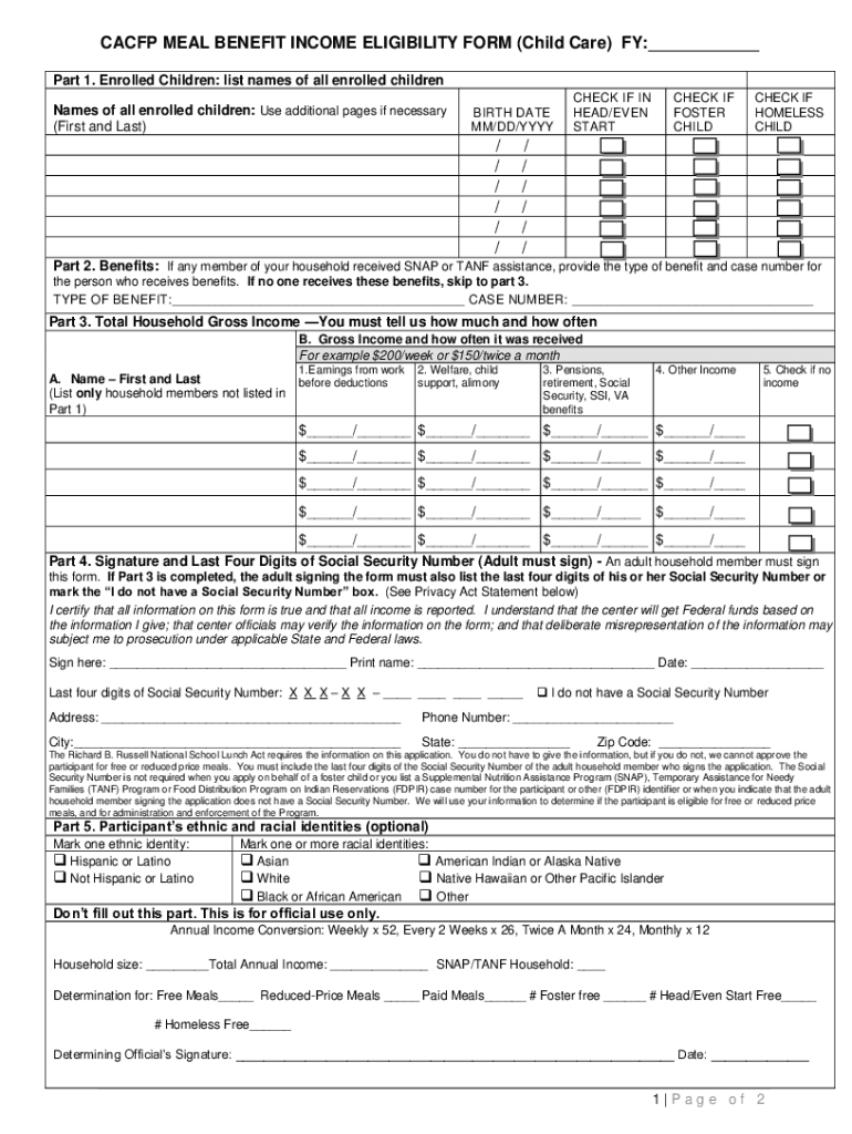 Fillable Online Child and Adult Care Food Program Enrollment Form ...