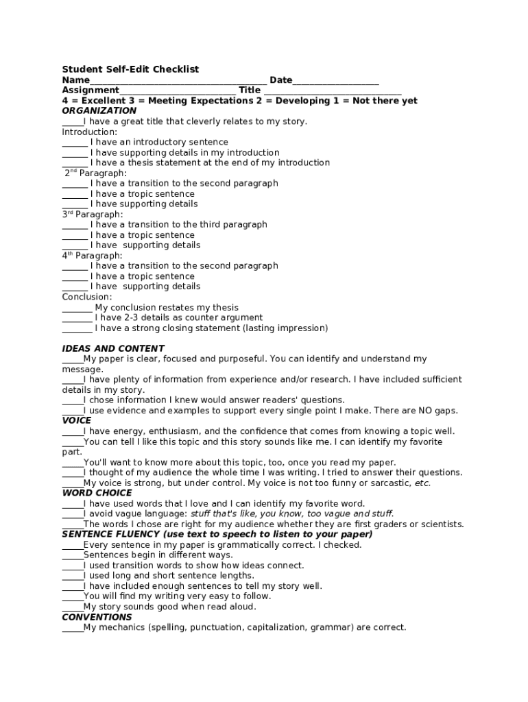 Student Self-Edit Checklist Doc Template | pdfFiller