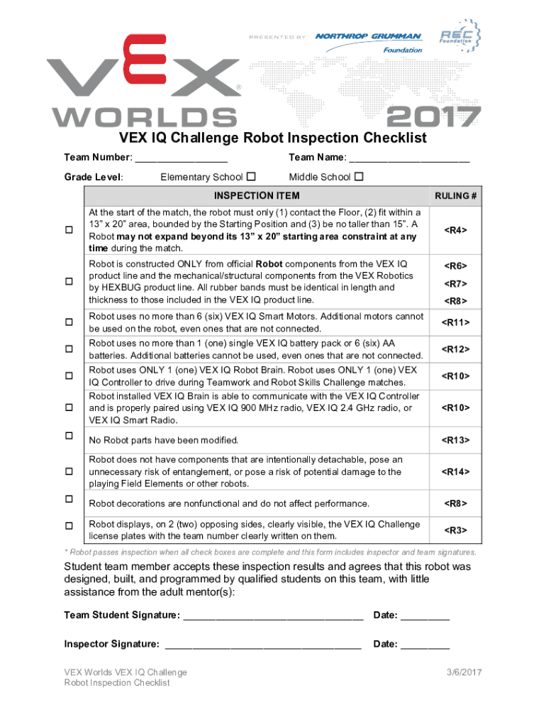 Fillable Online VEX IQ Challenge Robot Inspection Checklist Fax Email ...