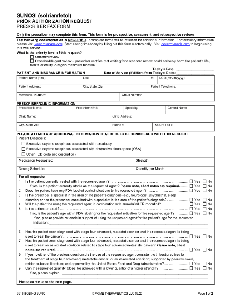 Fillable Online SUNOSI (solriamfetol) - Prescriber Fax Form Fax Email ...