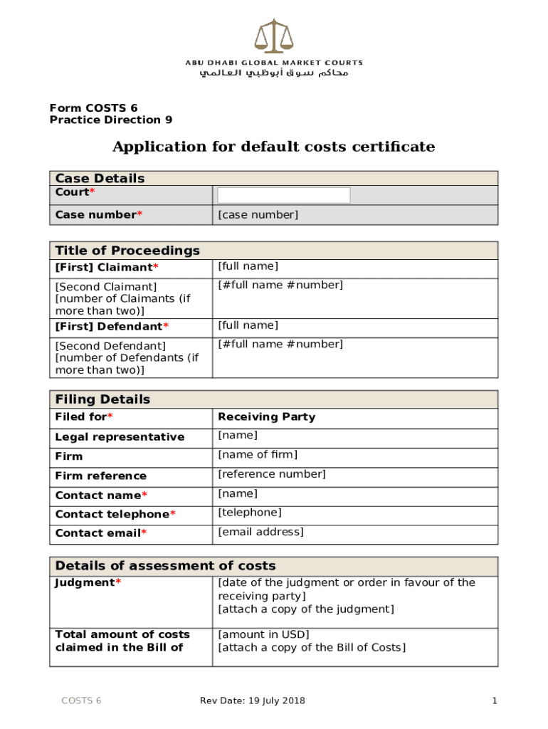 Application for default costs certificate Doc Template | pdfFiller