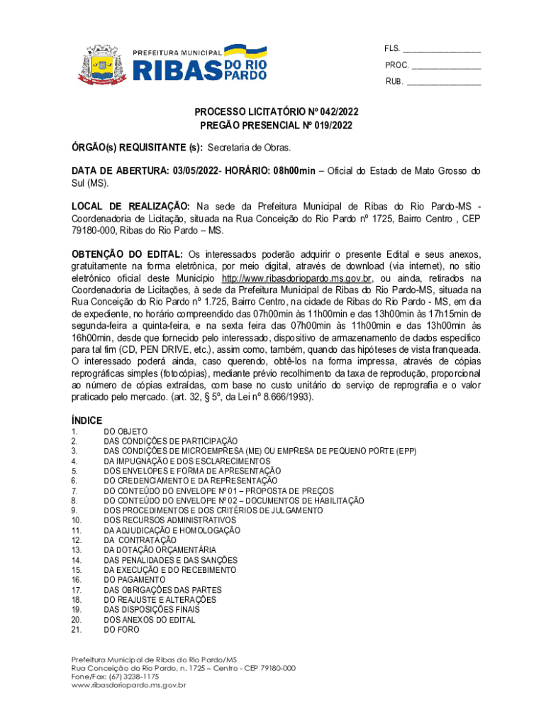 Preenchível Disponível RGO(s) REQUISITANTE (s): Secretaria de Obras Fax ...