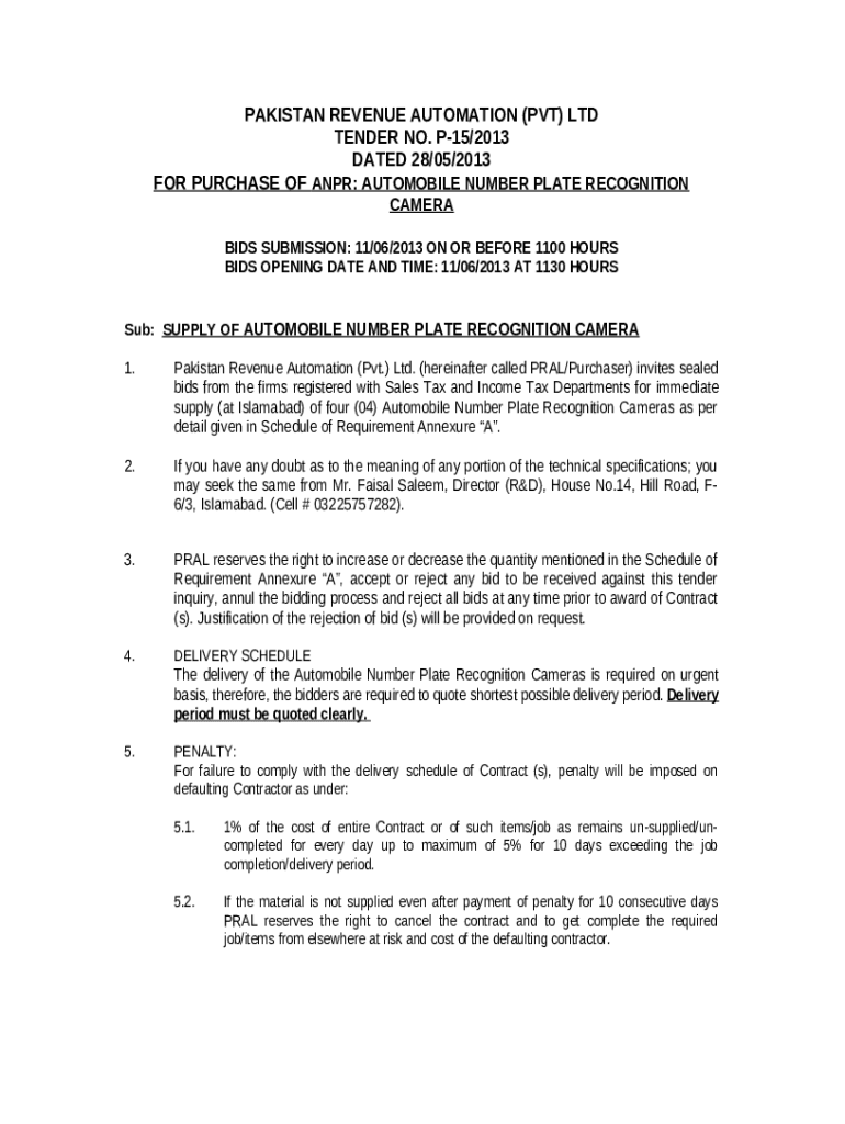 pakistan revenue automation (pvt) ltd tender no. p-15/2013 ... Doc Template | pdfFiller