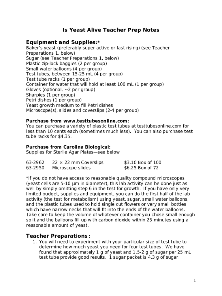 Is Yeast Alive Teacher Prep Notes Equipment and Supplies Doc Template ...