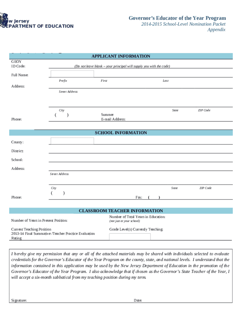 Governor's Educator of the Year & Support Professional ... Doc Template | pdfFiller