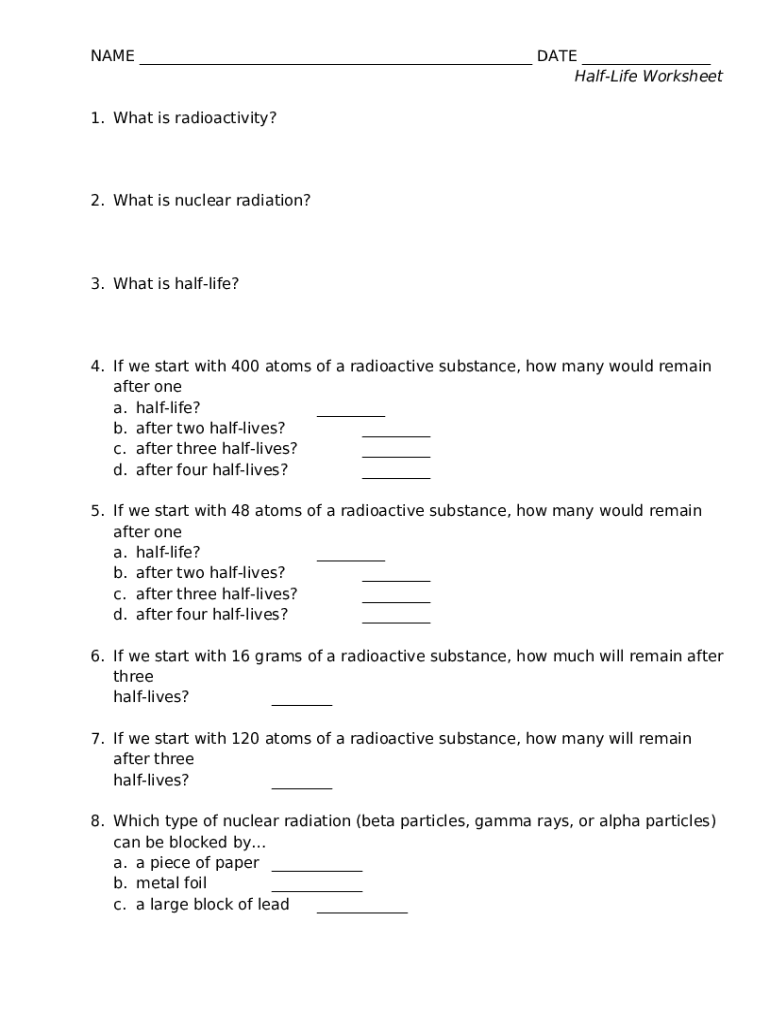 HALF-LIFE WORKSHEET 1. What is radioactivity? 2. ... Doc Template ...
