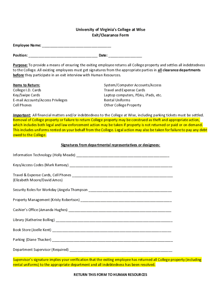 Fillable Online University of Virginia's College at Wise Exit/Clearance Form Fax Email Print ...