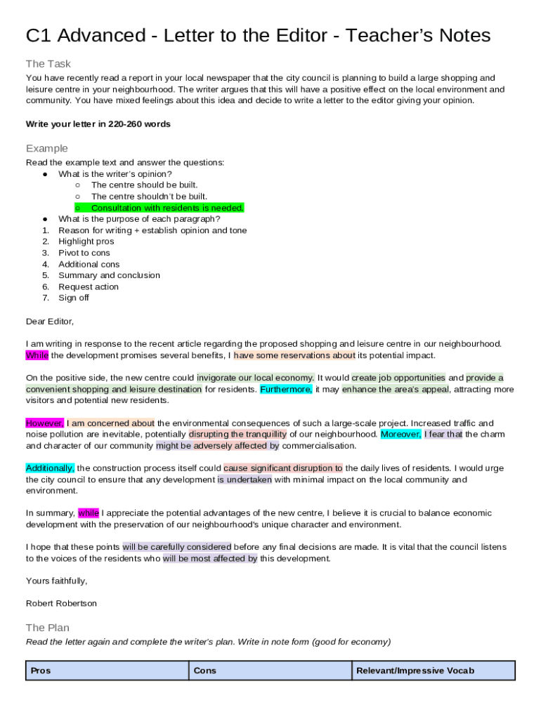 C1 Advanced - Letter to the Editor - TEACHER'S COPY Doc Template ...