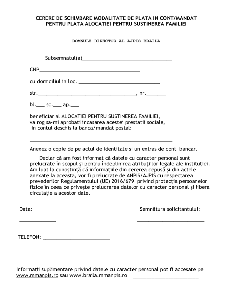 Fillable Online cerere de schimbare modalitate de plata in cont/mandat ...