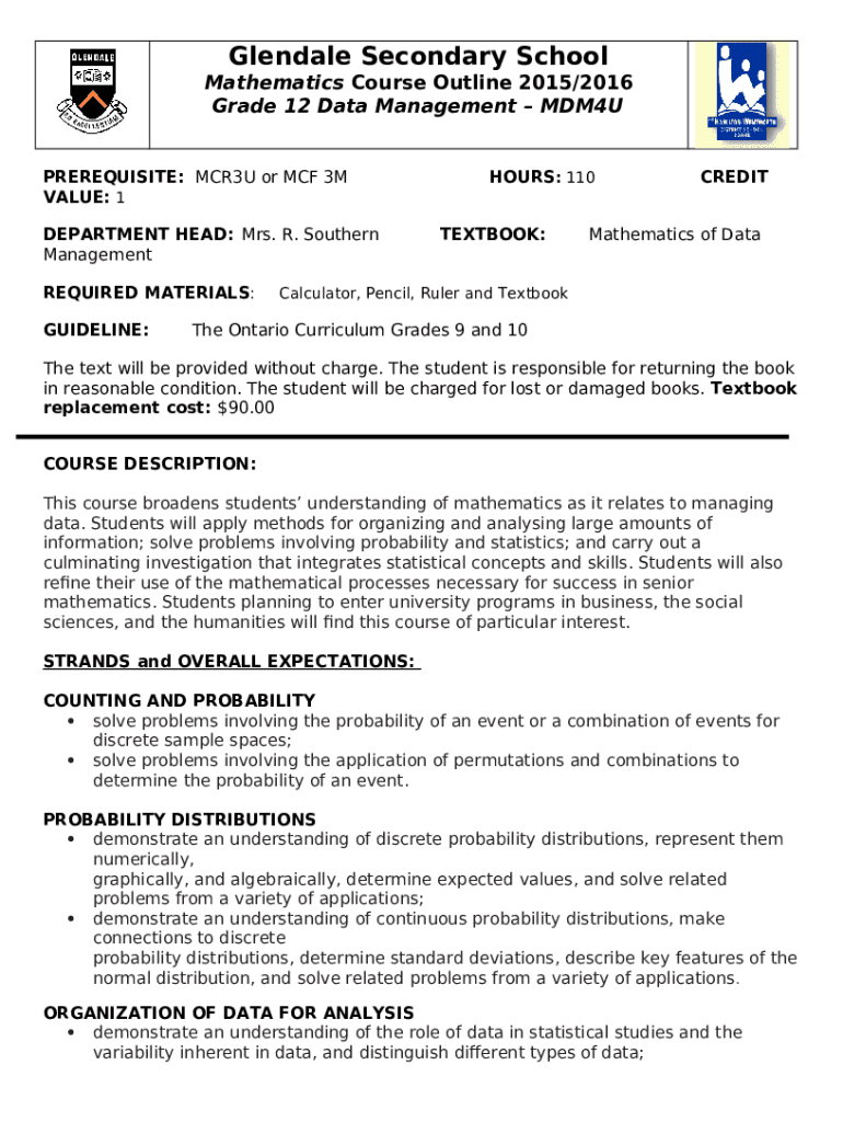 MDM4UGrade 12 Mathematics of Data Management Doc Template | pdfFiller