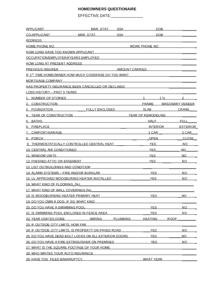 HOMEOWNERS QUESTIONAIRE - Van Cleve Insurance Doc Template | pdfFiller