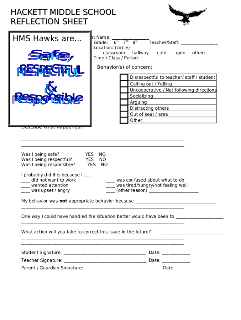 PONUS RIDGE MIDDLE SCHOOL REFLECTION SHEET Doc Template | pdfFiller