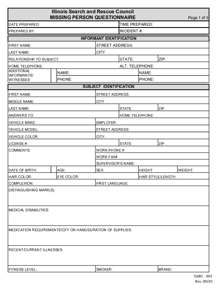 Fillable Online ISARC - 602 - Missing Person Questionnaire.xlsx Fax ...