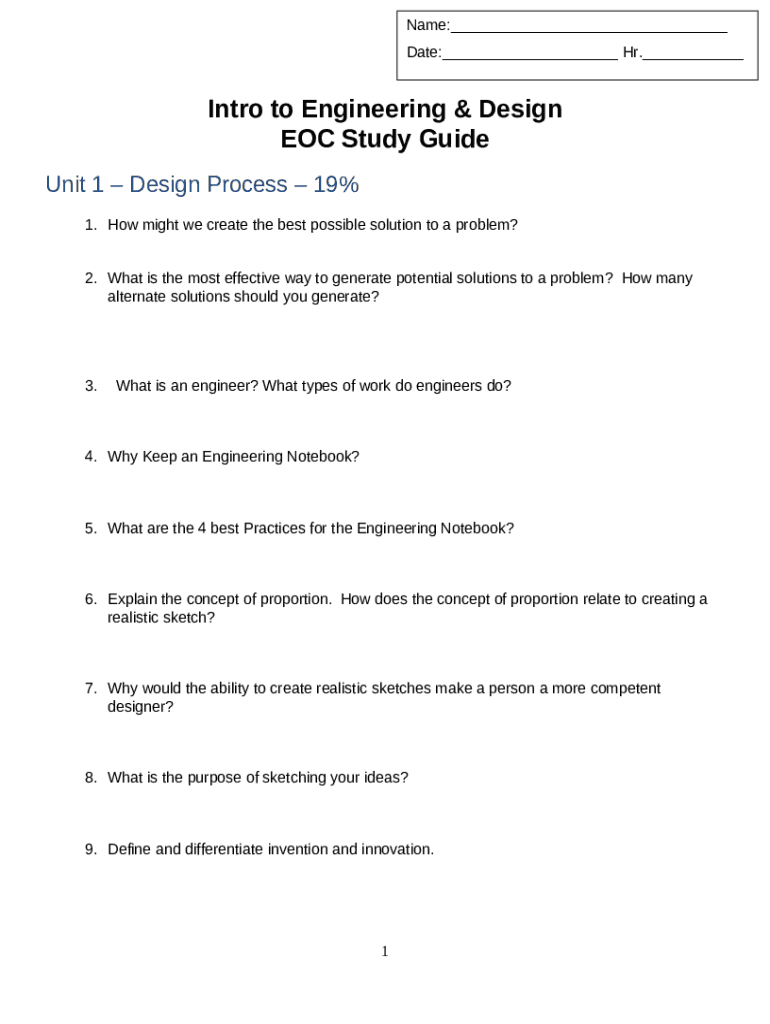 Intro to Engineering & Design EOC Study Guide // Unit 1 Doc Template ...