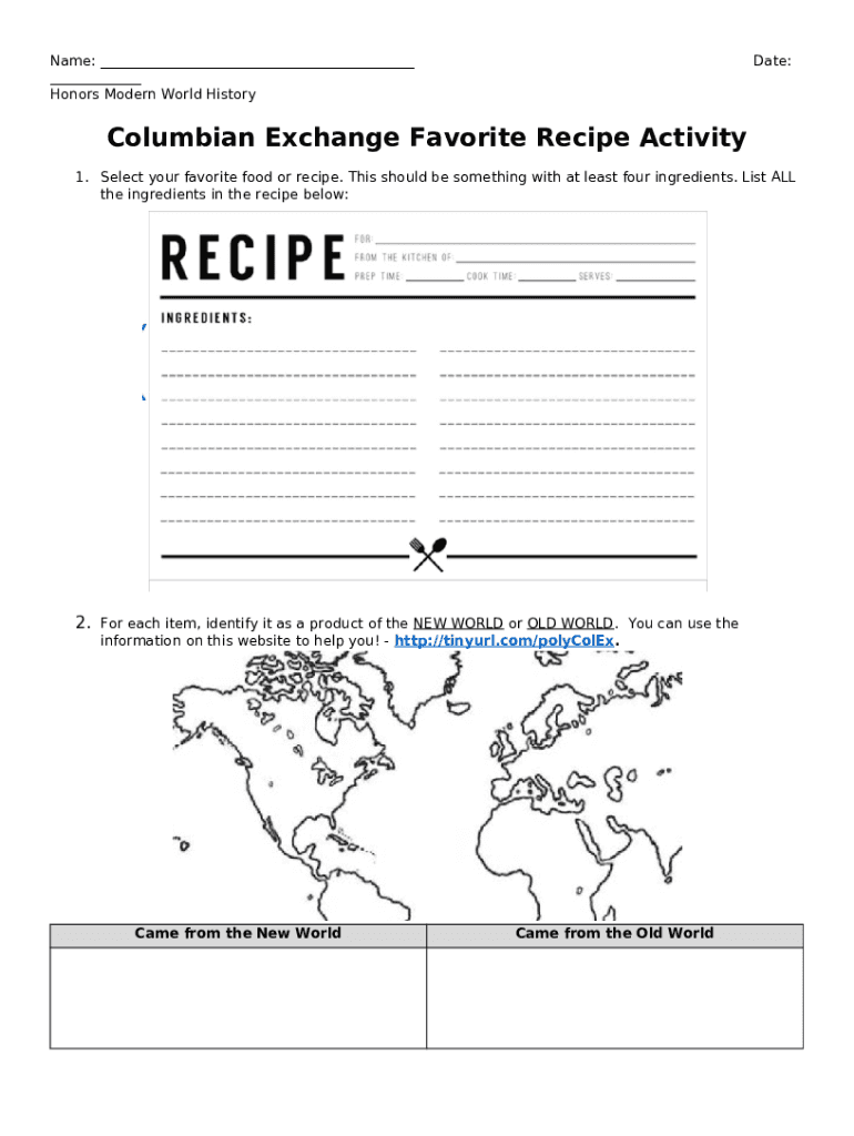 Columbian Exchange Food Project (Free Worksheets) Doc Template | pdfFiller