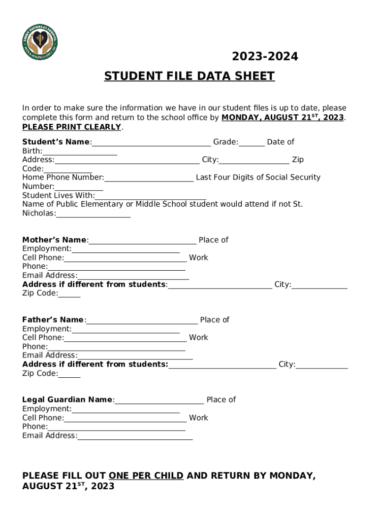 2023-2024 student file data sheet Doc Template | pdfFiller