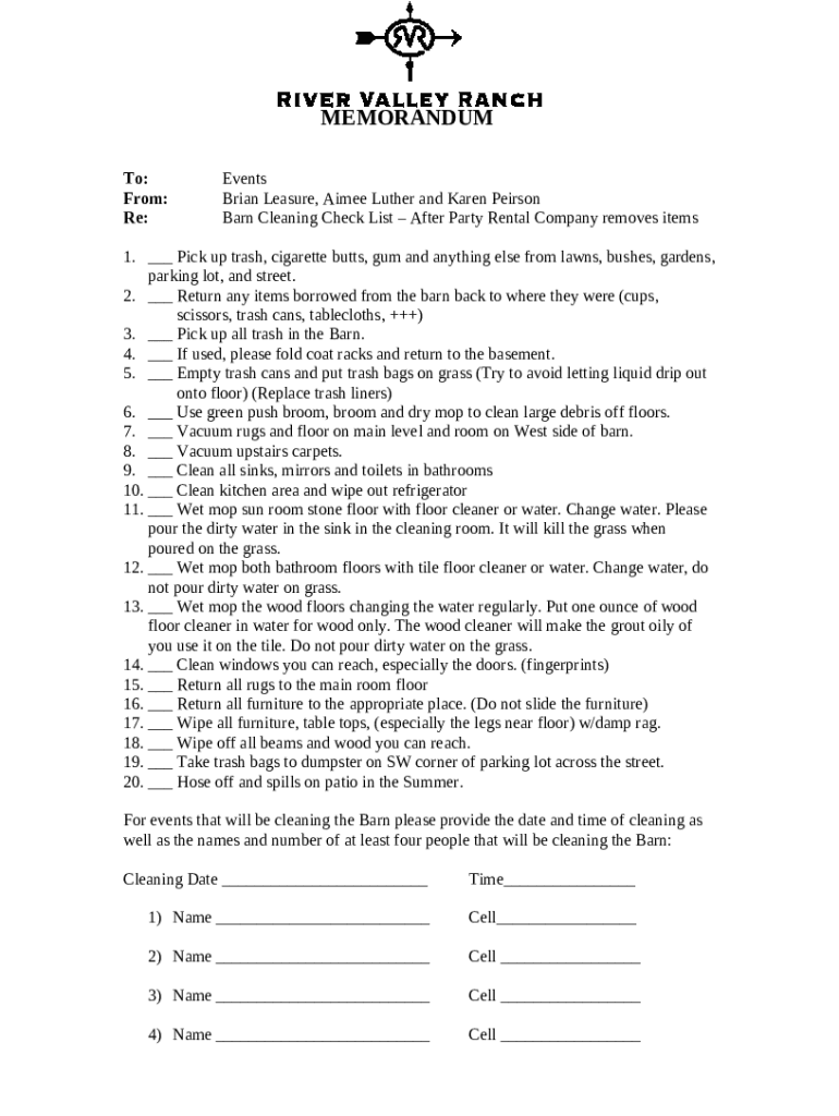 The Barn Rental Cleaning Checklist - City of New York Mills Doc ...