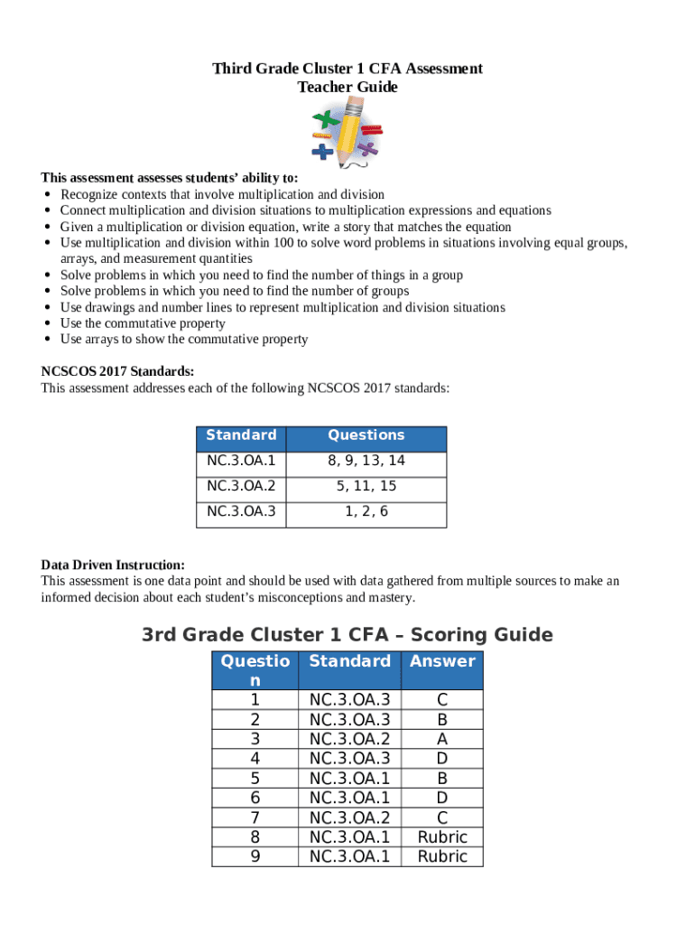 Third Grade Cluster 1 CFA Assessment Teacher Guide Doc Template | pdfFiller