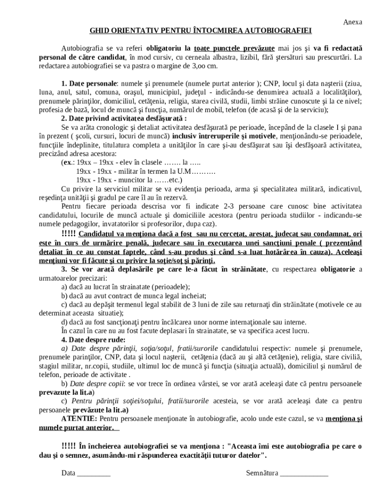 Anexa nr. 2A ndrumar pentru ntocmirea autobiografiei Doc Template | pdfFiller