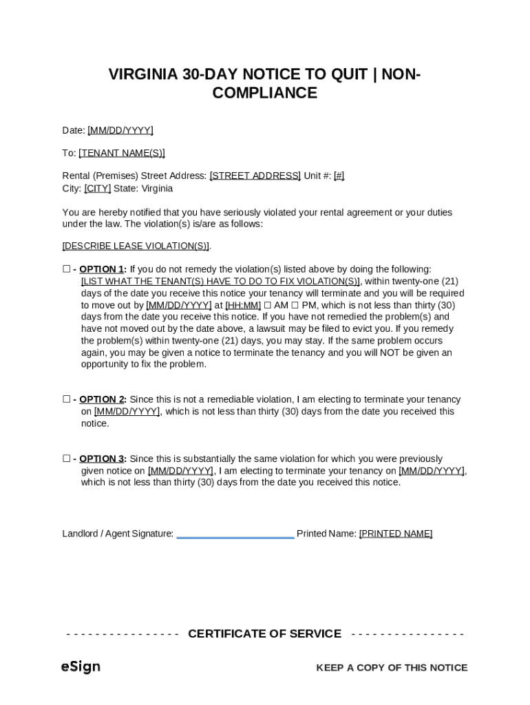Virginia 30-Day Notice to Quit for Non-Compliance Doc Template | pdfFiller