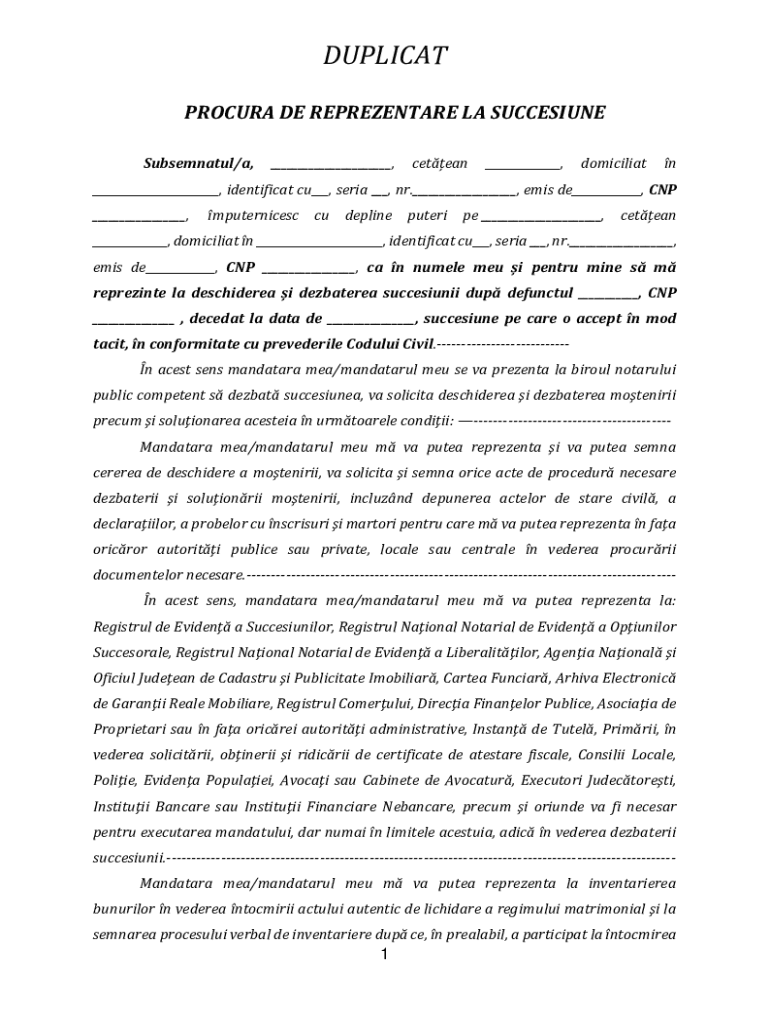 Fillable Online PROCURA DE REPREZENTARE LA SUCCESIUNE Fax Email Print ...