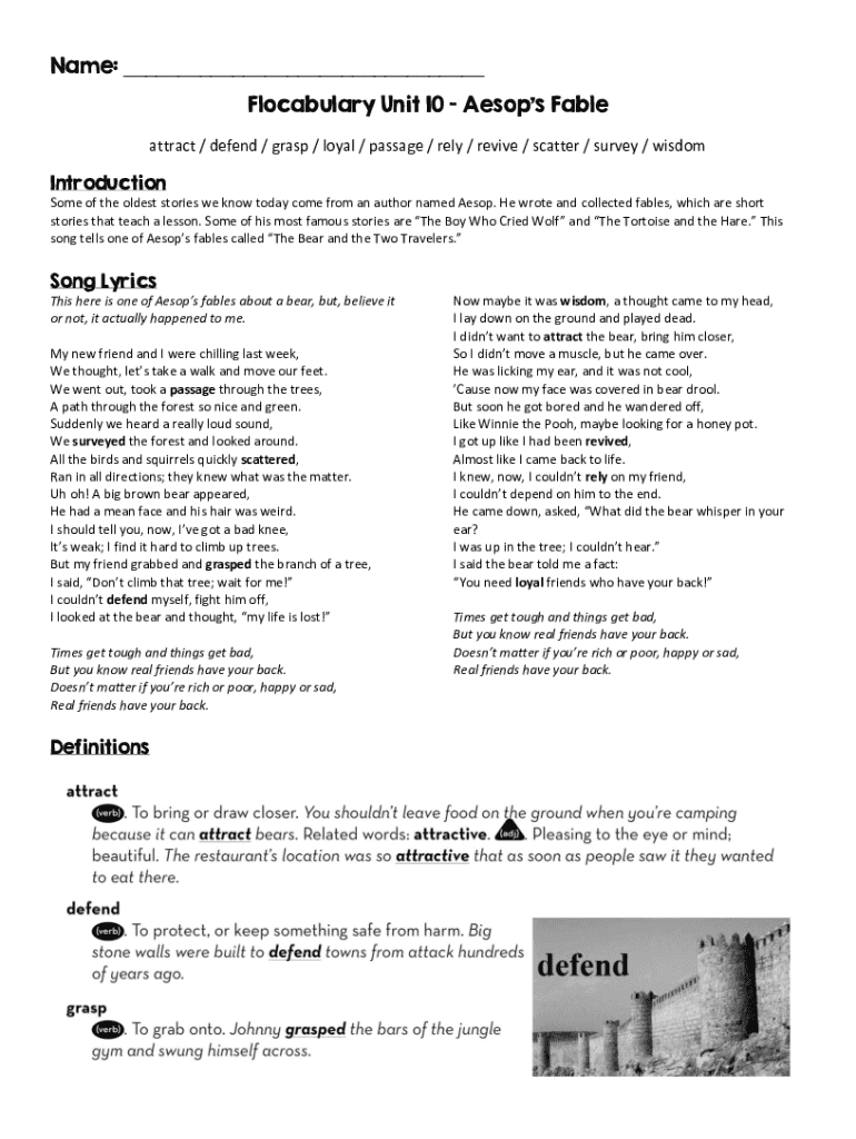 Fillable Online Flocabulary Unit 10 - Aesop's Fable Flashcards Fax ...