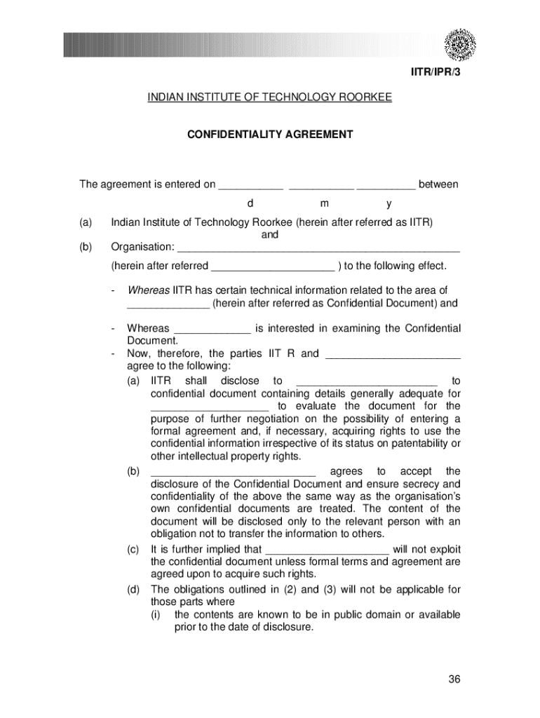 Fillable Online iitr/ipr/3 indian institute of technology roorkee confidentiality ... Fax Email ...
