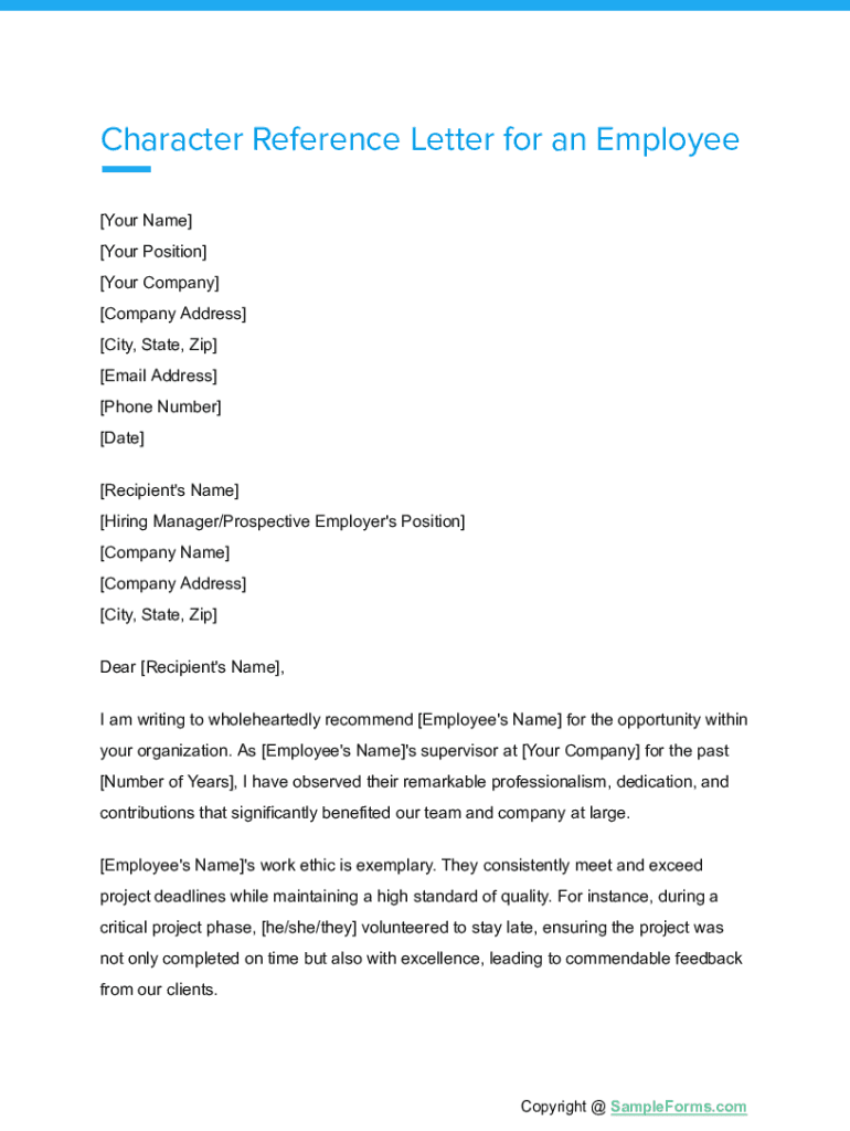 Fillable Online Character Reference Letter for Employees Fax Email ...