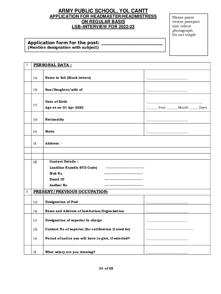 Fillable Online Application form for Headmaster/Headmistress, APS Yol ...