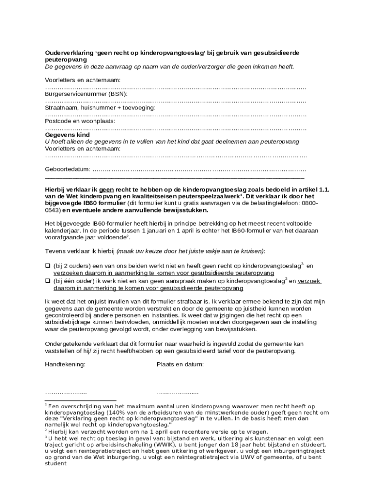 Verklaring geen recht op kinderopvangtoeslag voor ... Doc Template ...