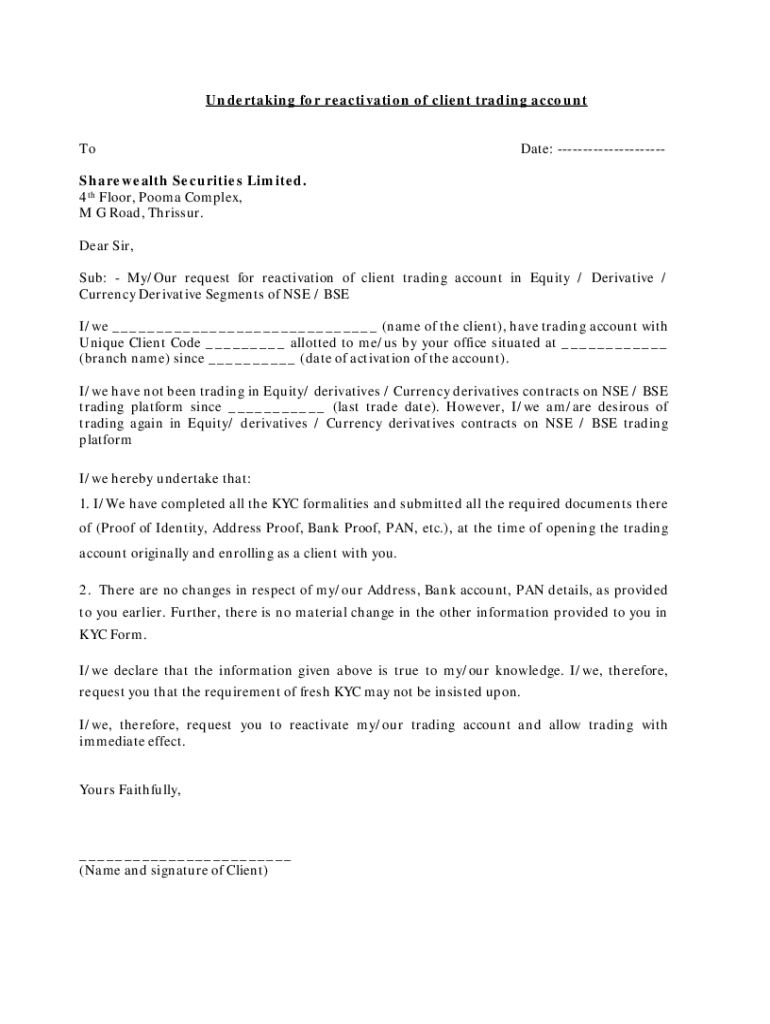 Fillable Online Undertaking for reactivation of client trading account To Date Fax Email Print ...