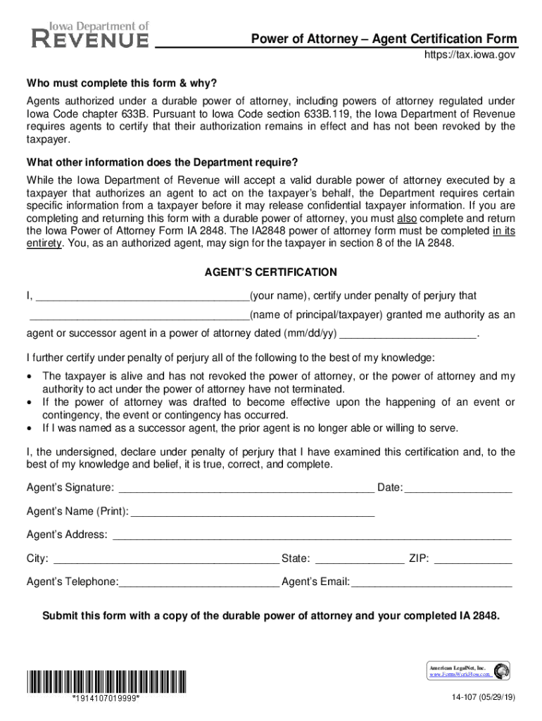Fillable Online Power of AttorneyAgent Certification Form 14-107 Fax ...
