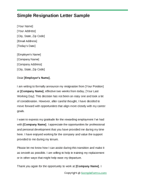 Simple Resignation Letter Sample Doc Template | pdfFiller