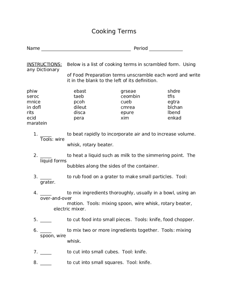 cooking terms key.pdf - COOKING TERMS Name Period KEY Doc Template ...
