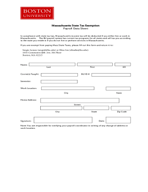 Fillable Online Massachusetts State Tax Exemption Payroll Data Sheet ...