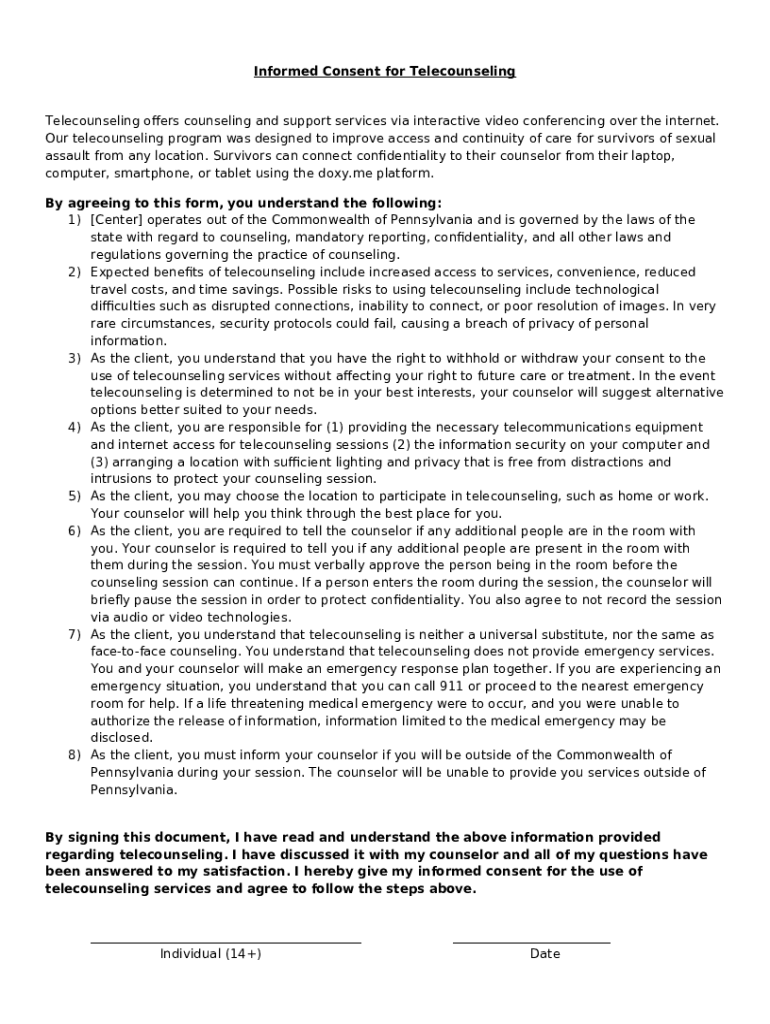 Ined Consent for Virtual Telecounseling Services During Doc Template ...