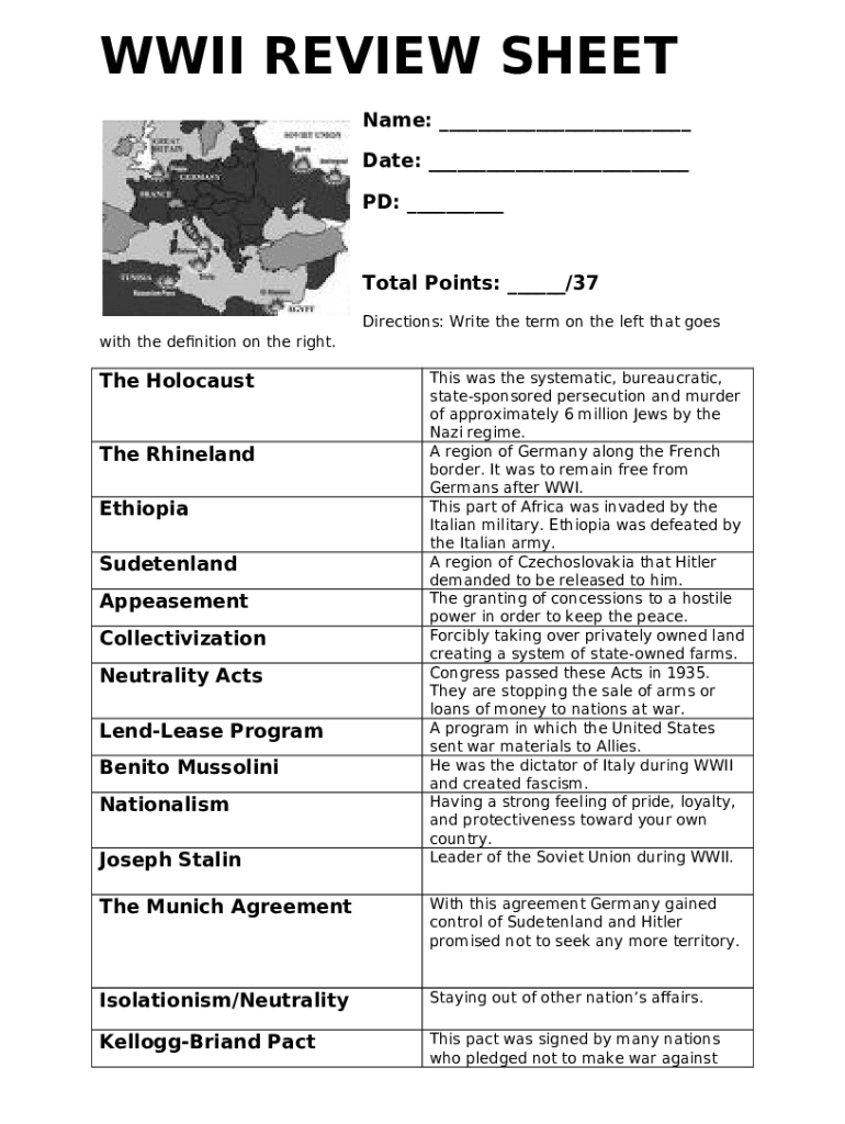 WWII REVIEW SHEET Name Doc Template | pdfFiller