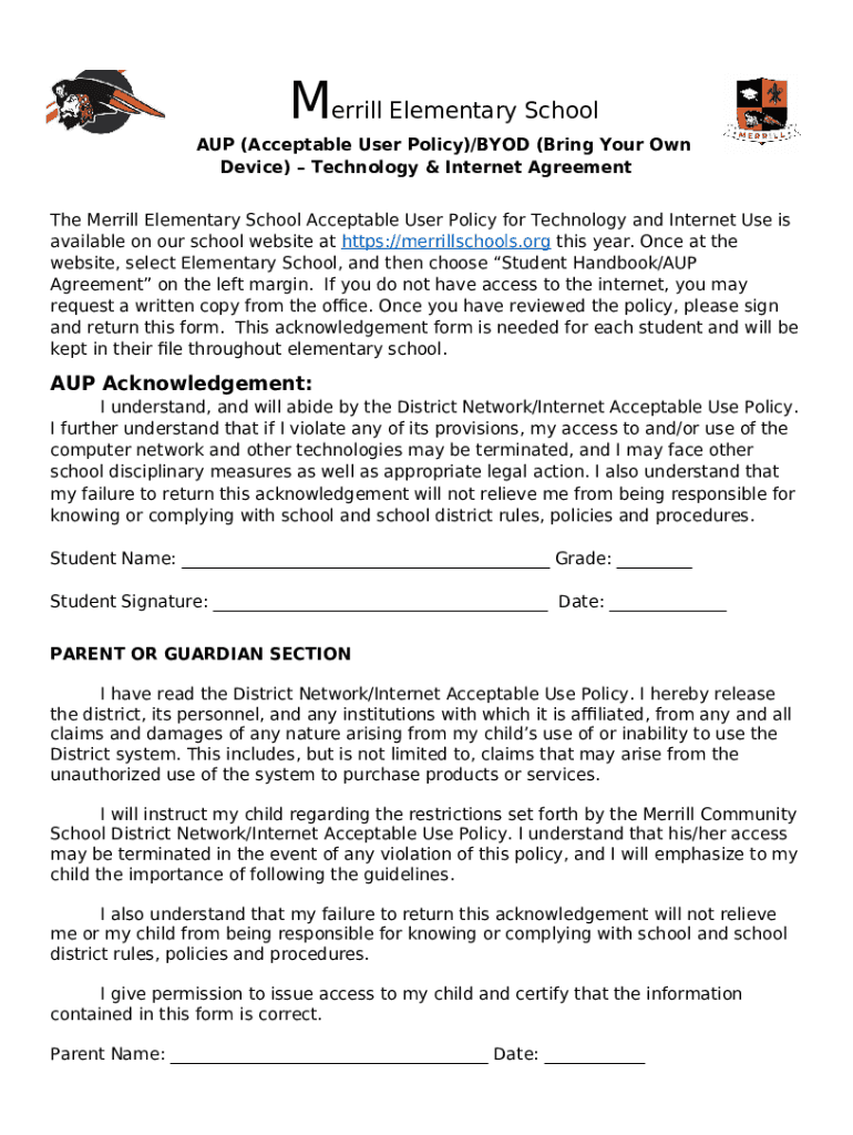 Elementary AUP Student-Parent Agreement Doc Template | pdfFiller