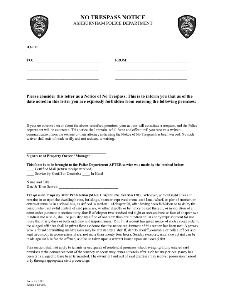 Fillable Online no trespass notice - ashburnham police department Fax ...