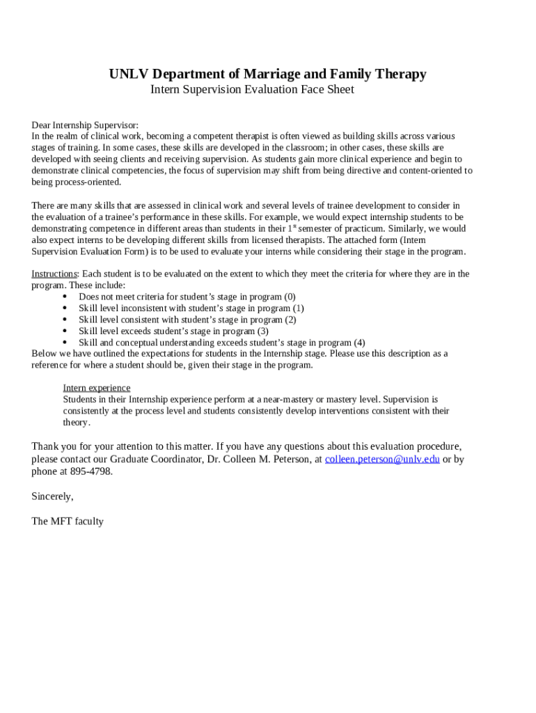 UNLV MFT Intern Supervision Evaluation Face Sheet Doc Template | pdfFiller