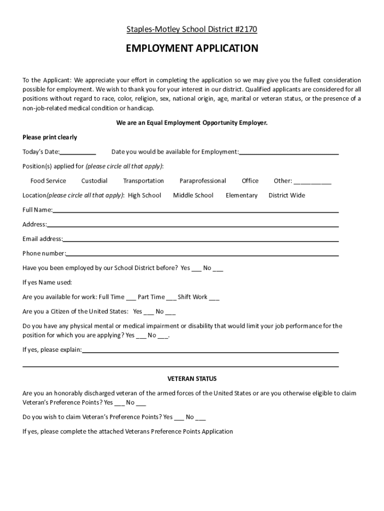 Fillable Online City of Staples Application for Employment Fax Email Print - pdfFiller