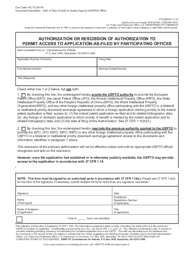 Fillable Online Form PTO SB 39 Authorization or Rescission of ...