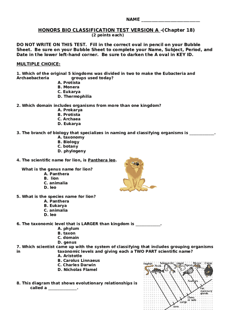 freshman Honors Biology Chapter 18 - Classification Doc Template ...