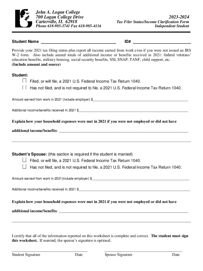 Fillable Online Tax Filer Status/Income Clarification Form Fax Email ...