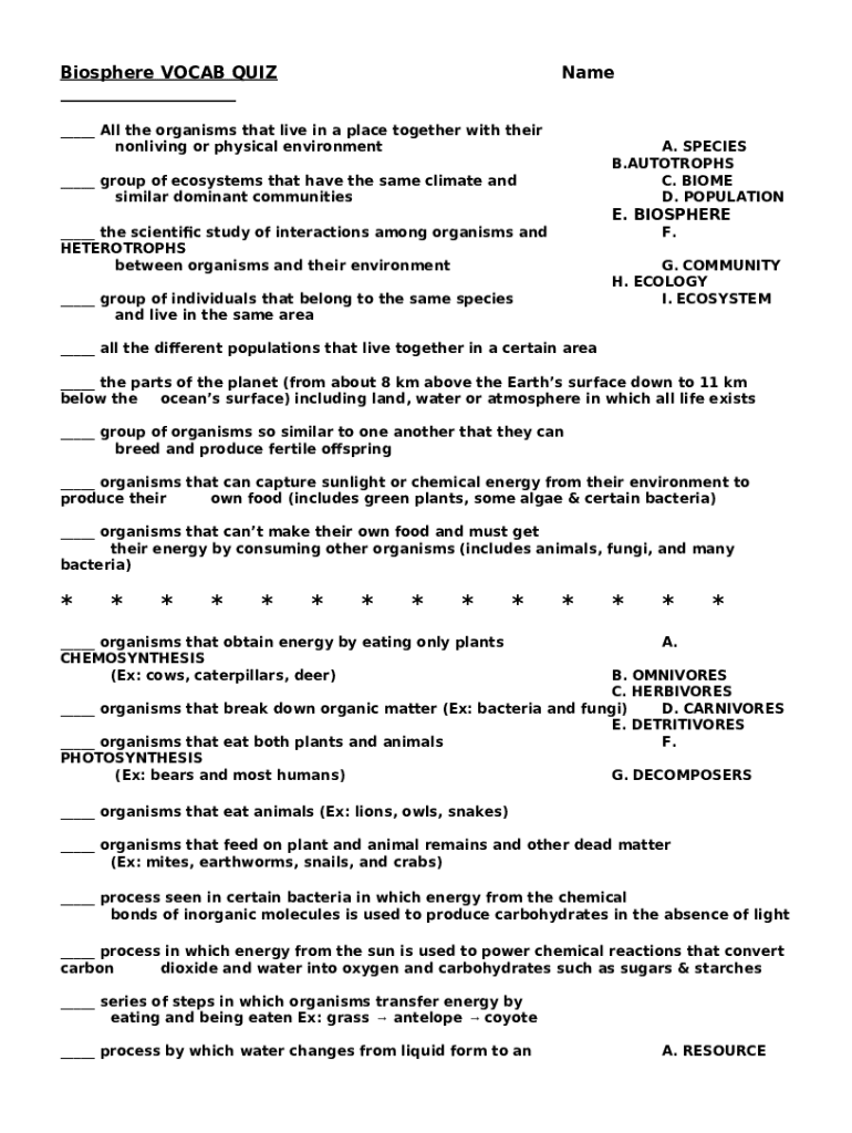 Biology Chapter 3: The Biosphere Vocab Flashcards Doc Template | pdfFiller