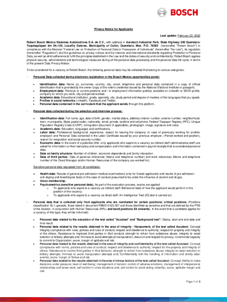 Fillable Online Robert Bosch Mexico Sistemas Automotrices S.A. de C.V ...