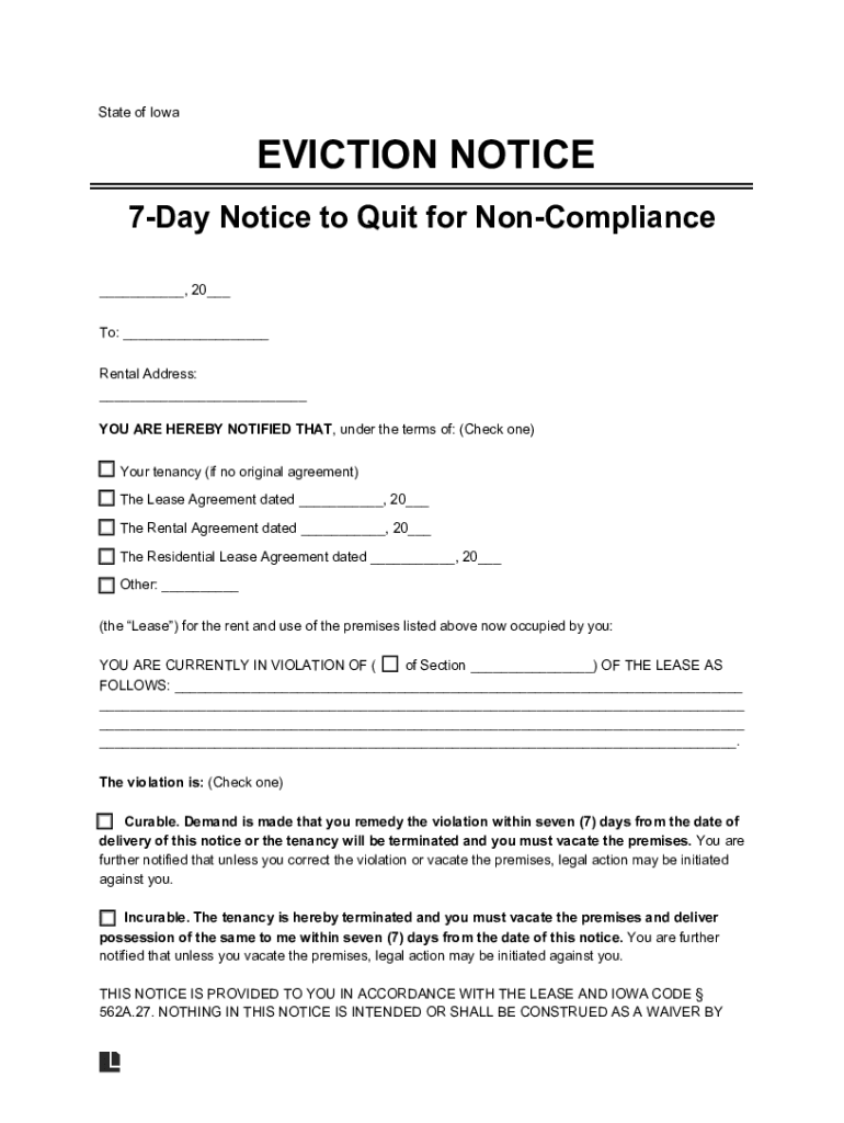 Fillable Online Free Iowa 7-Day Notice to Quit FormNon-Compliance ...