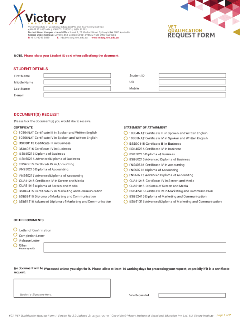 Fillable Online F07 - VET Qualification Request Form V.2.0 Fax Email ...