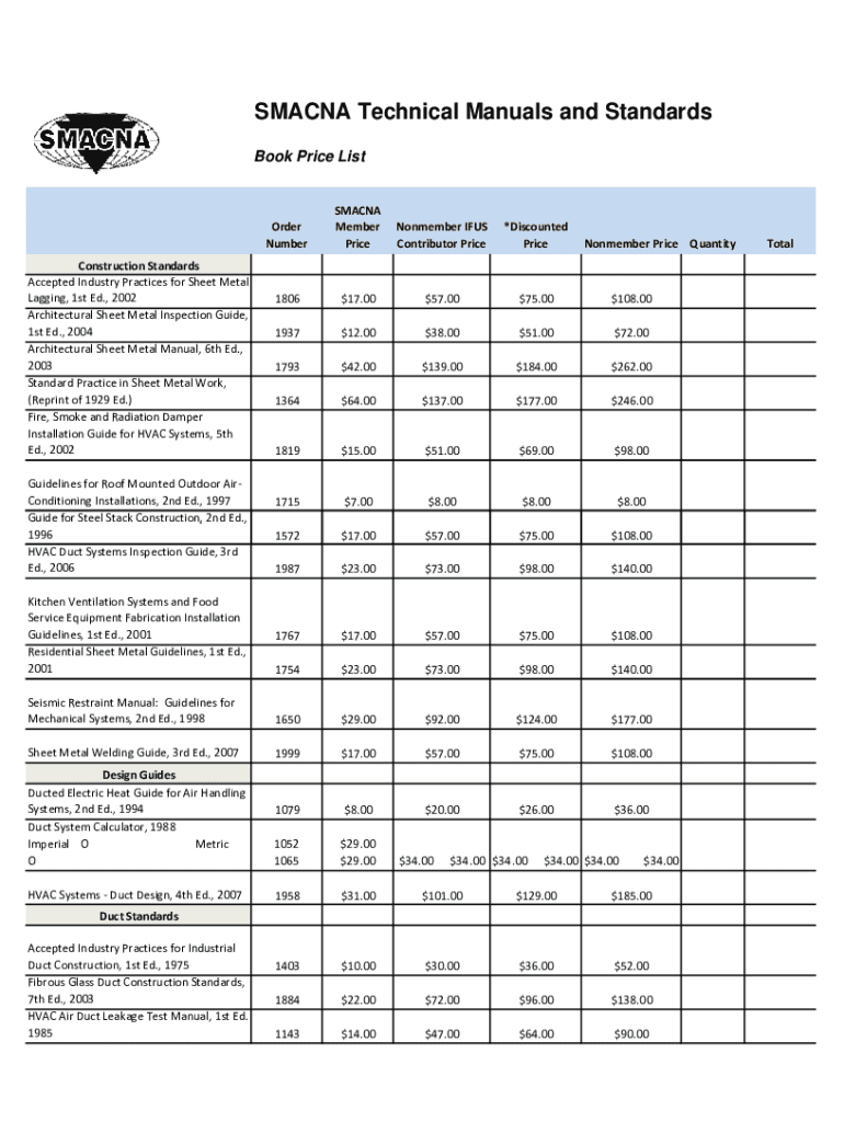 Fillable Online SMACNA Technical Manuals and Standards Book Price List ...