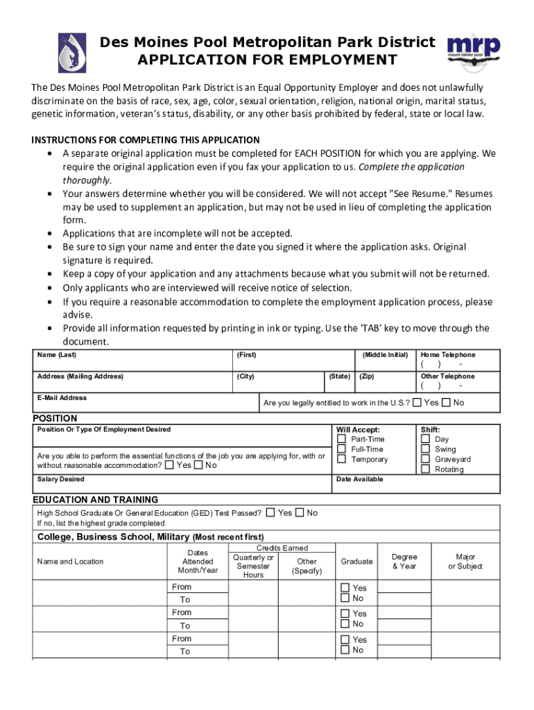 Fillable Online Des Moines Pool Metropolitan Park District APPLICATION ...